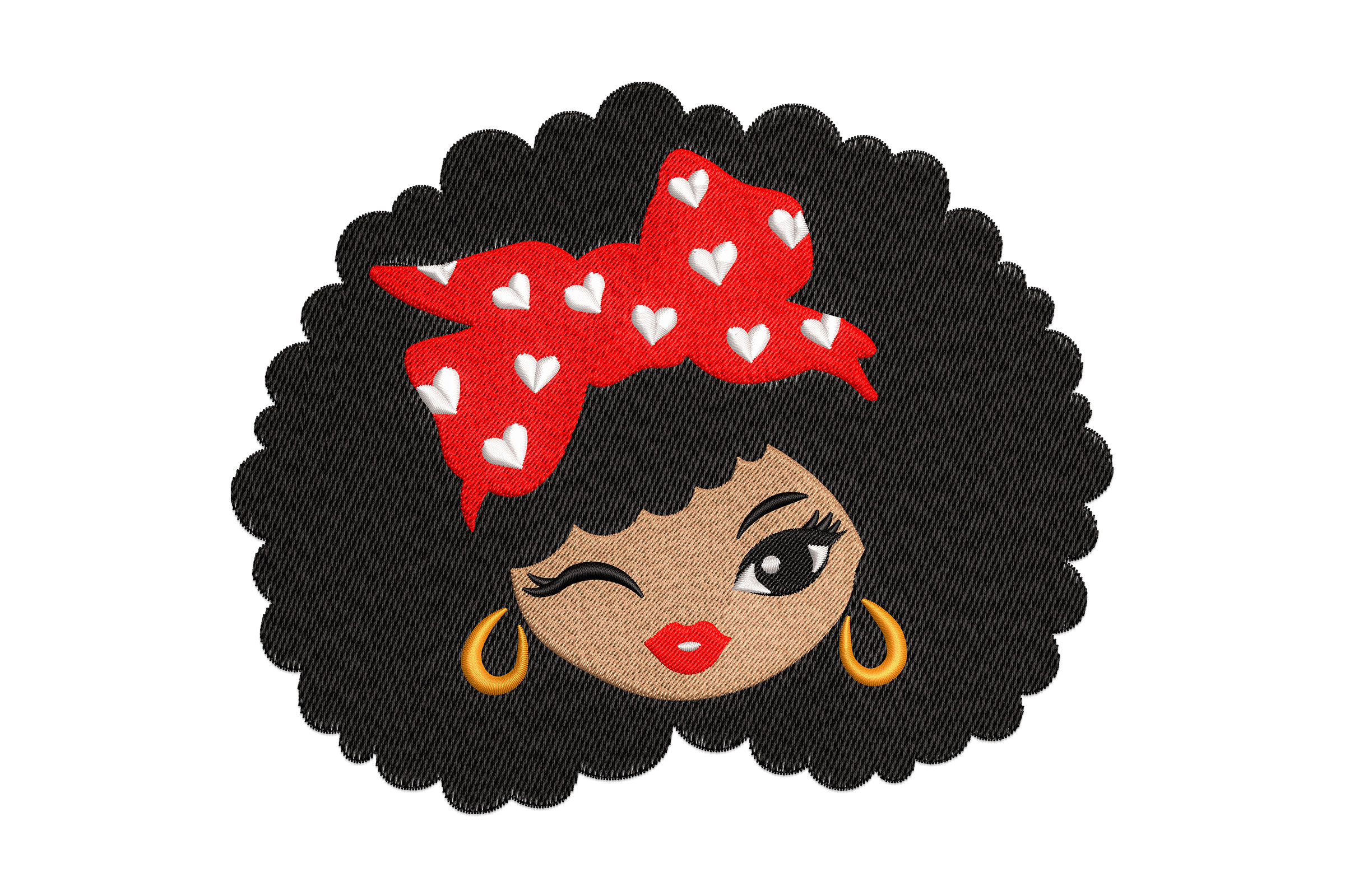 Afro Girl Face with Red Heart Bow Embroidery Design