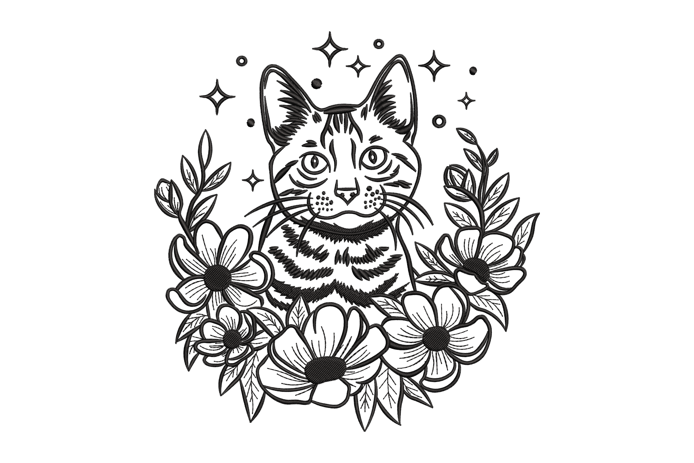 Blackwork Floral Cat Embroidery Design