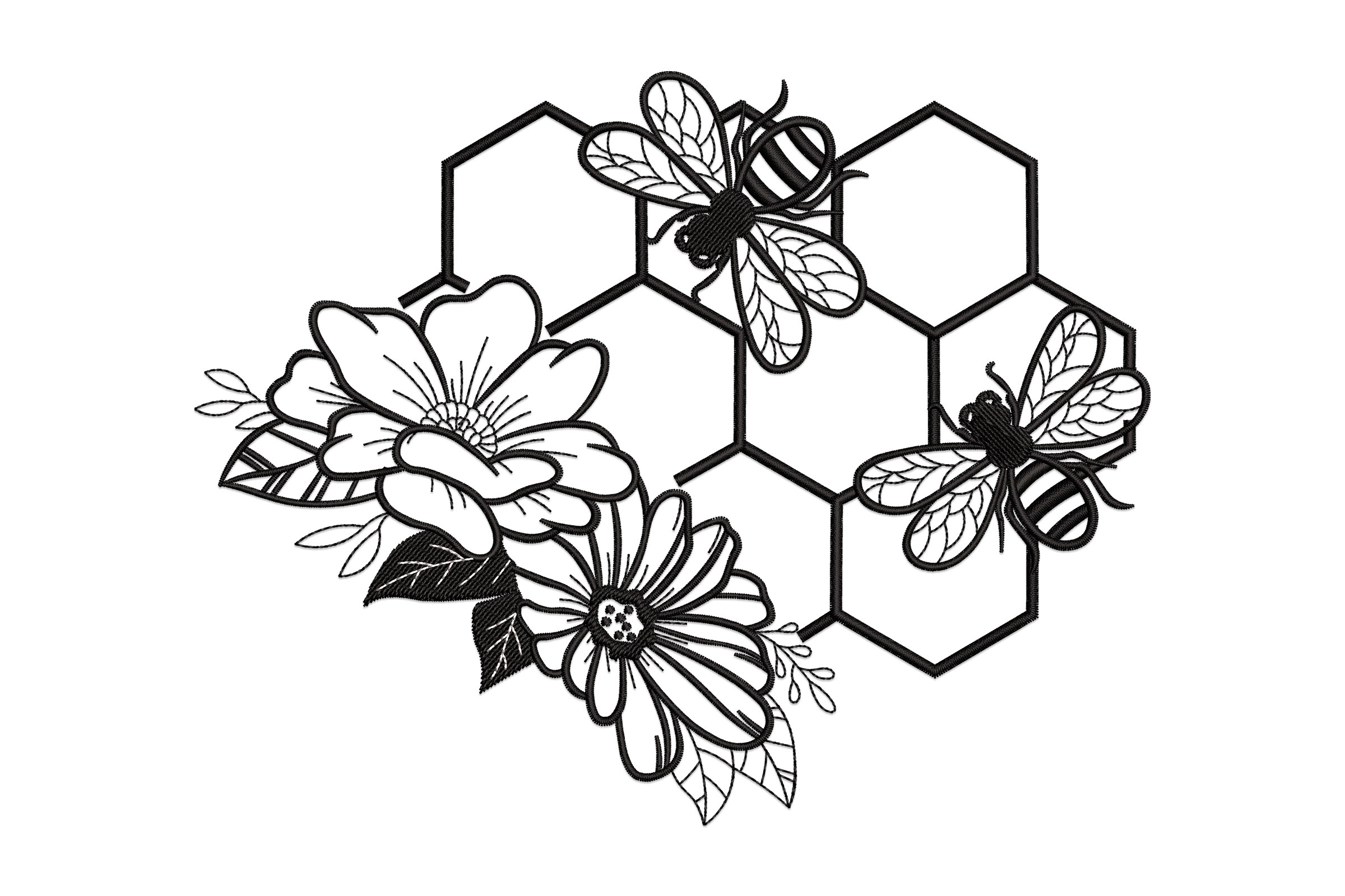 Free Floral Bees with Honeycomb Embroidery Design Two Bees