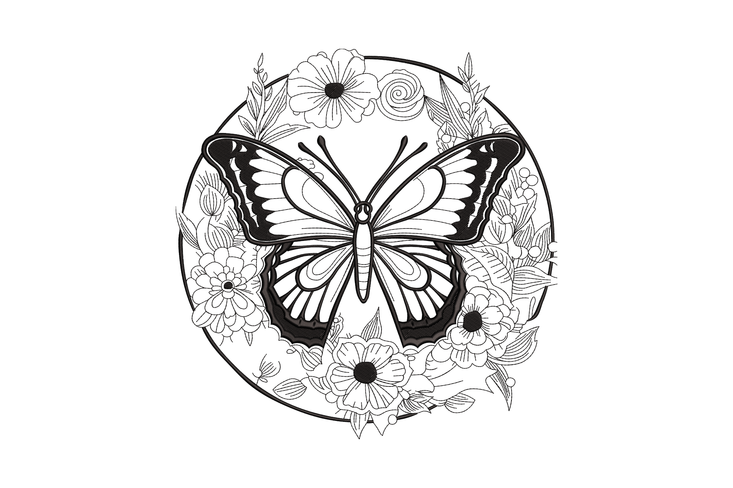 Free Butterfly in Floral Circle Embroidery Design