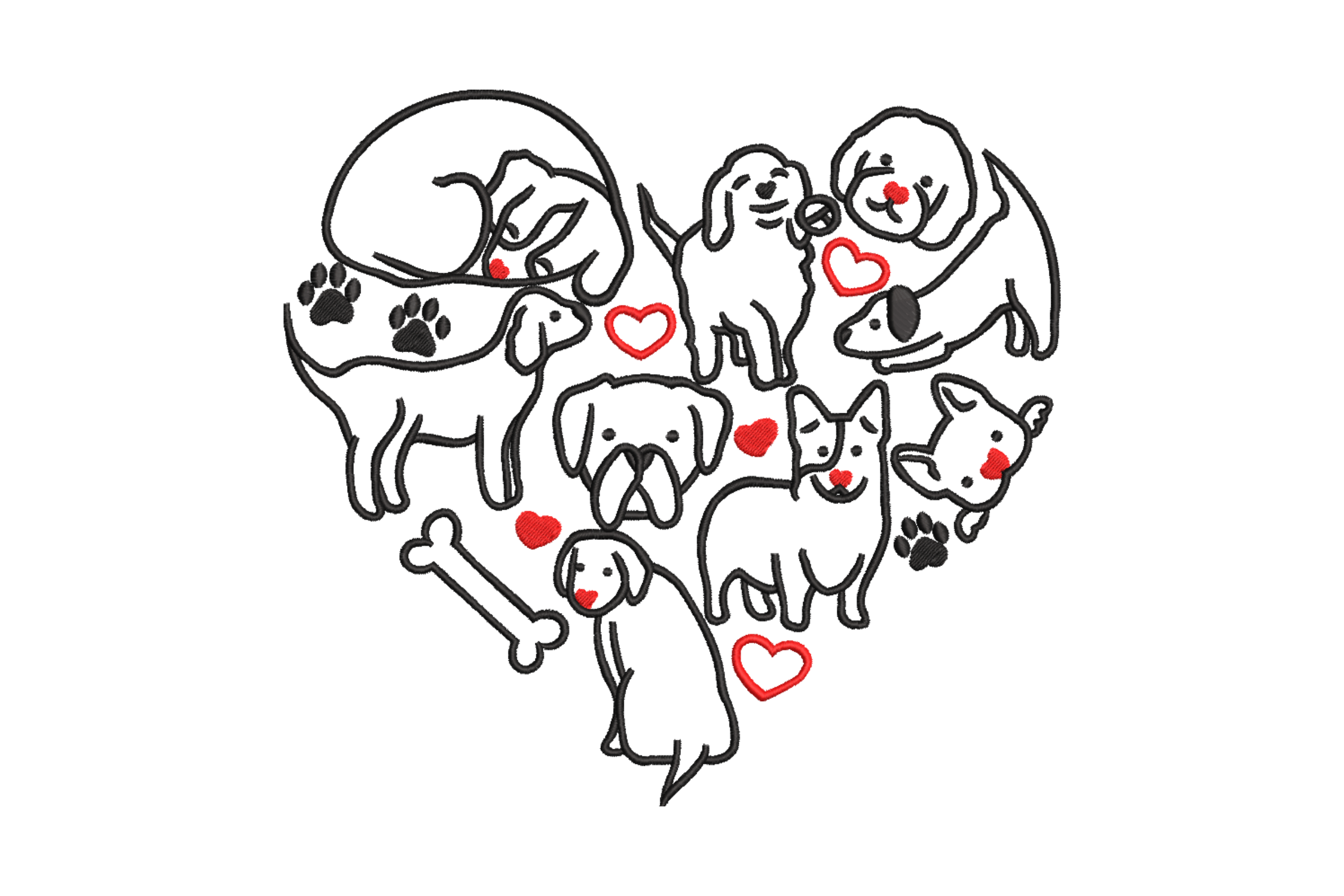 Free Cute Dogs in Heart Shape Line Art Embroidery Design