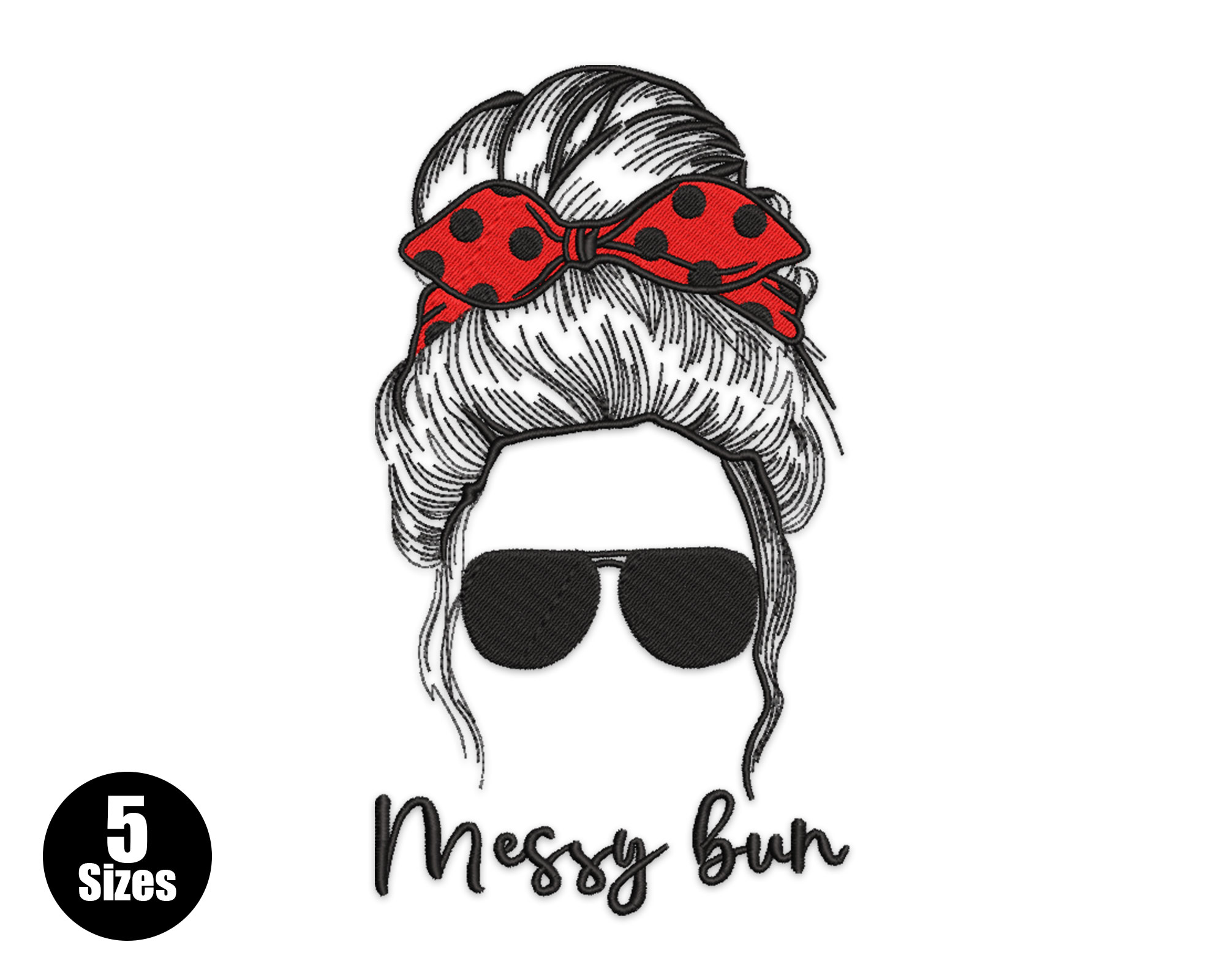 Messy Bun with Red Polka Bow Embroidery Design