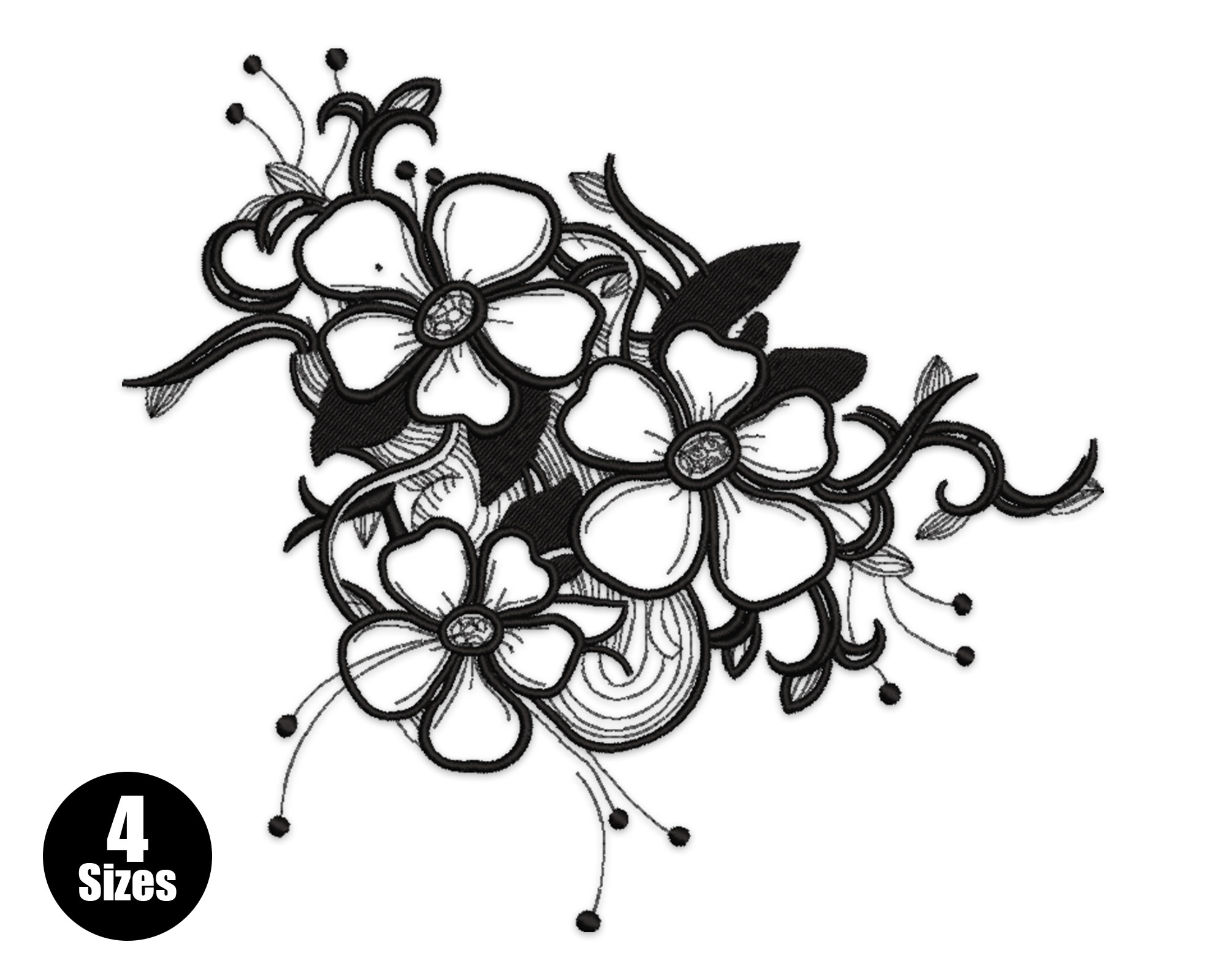 Premium Black & White Flower Cluster Embroidery Design