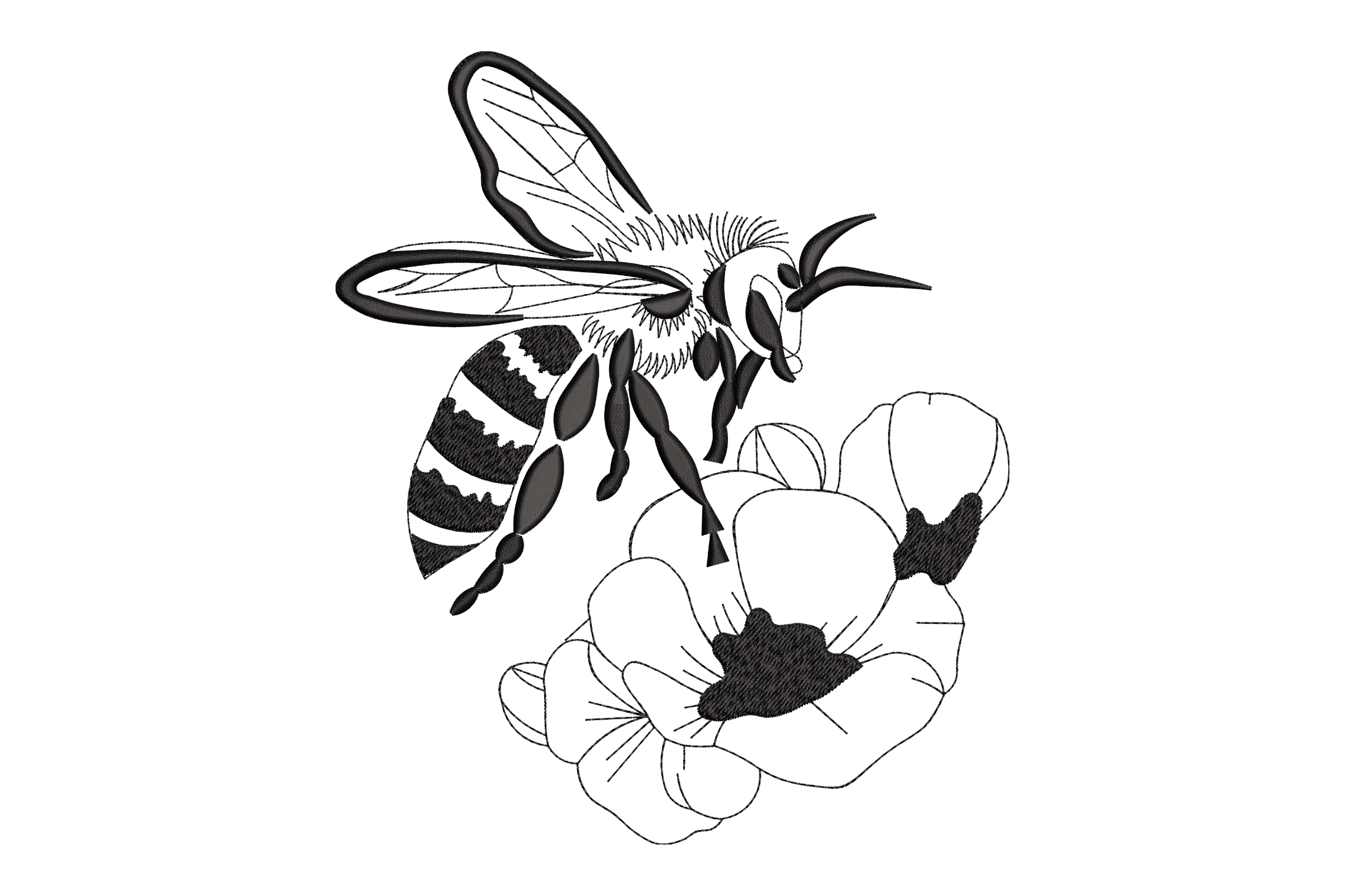 Free Realistic Bee with Flowers Embroidery Design