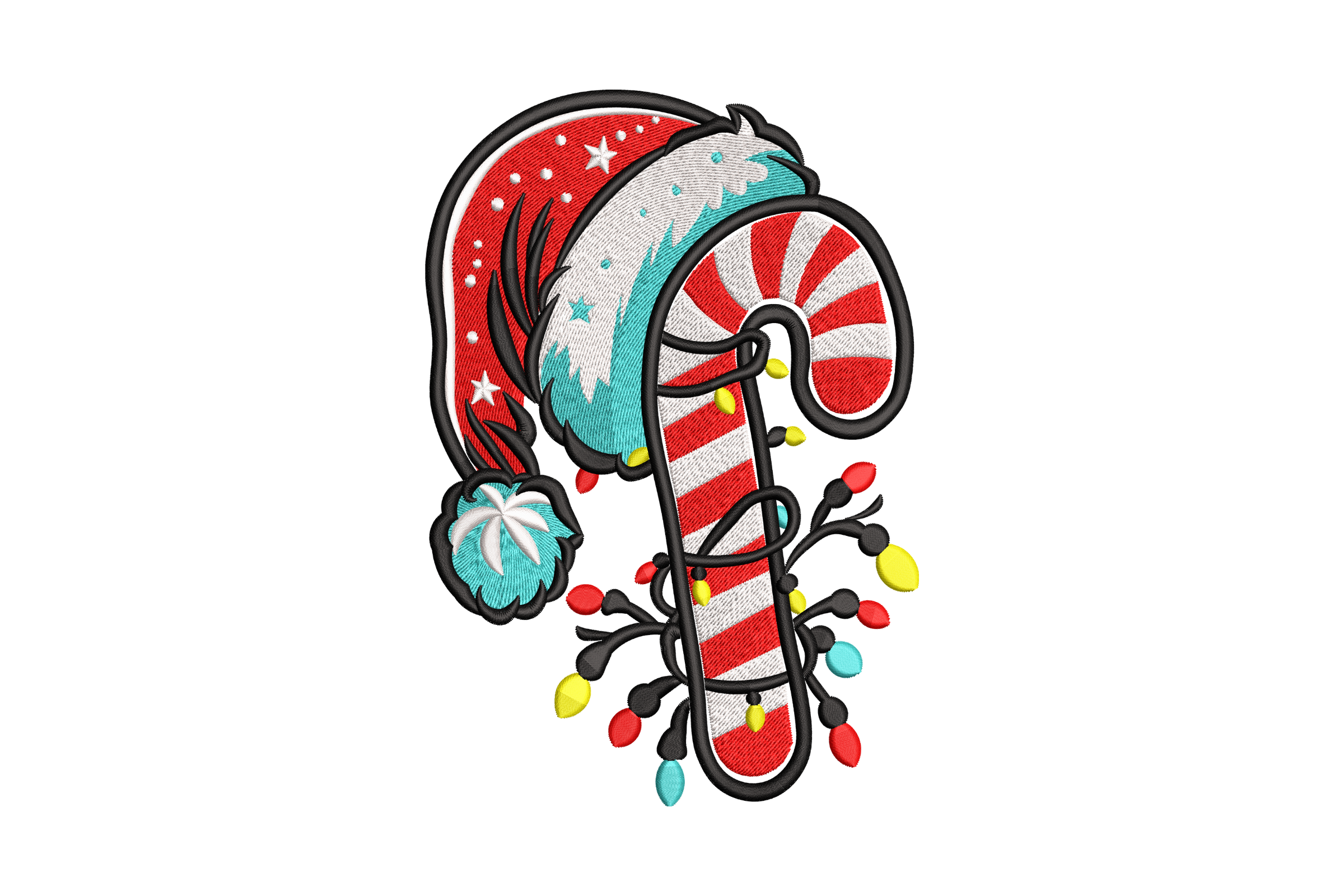 Santa Hat Candy Cane with Christmas Lights Embroidery Design