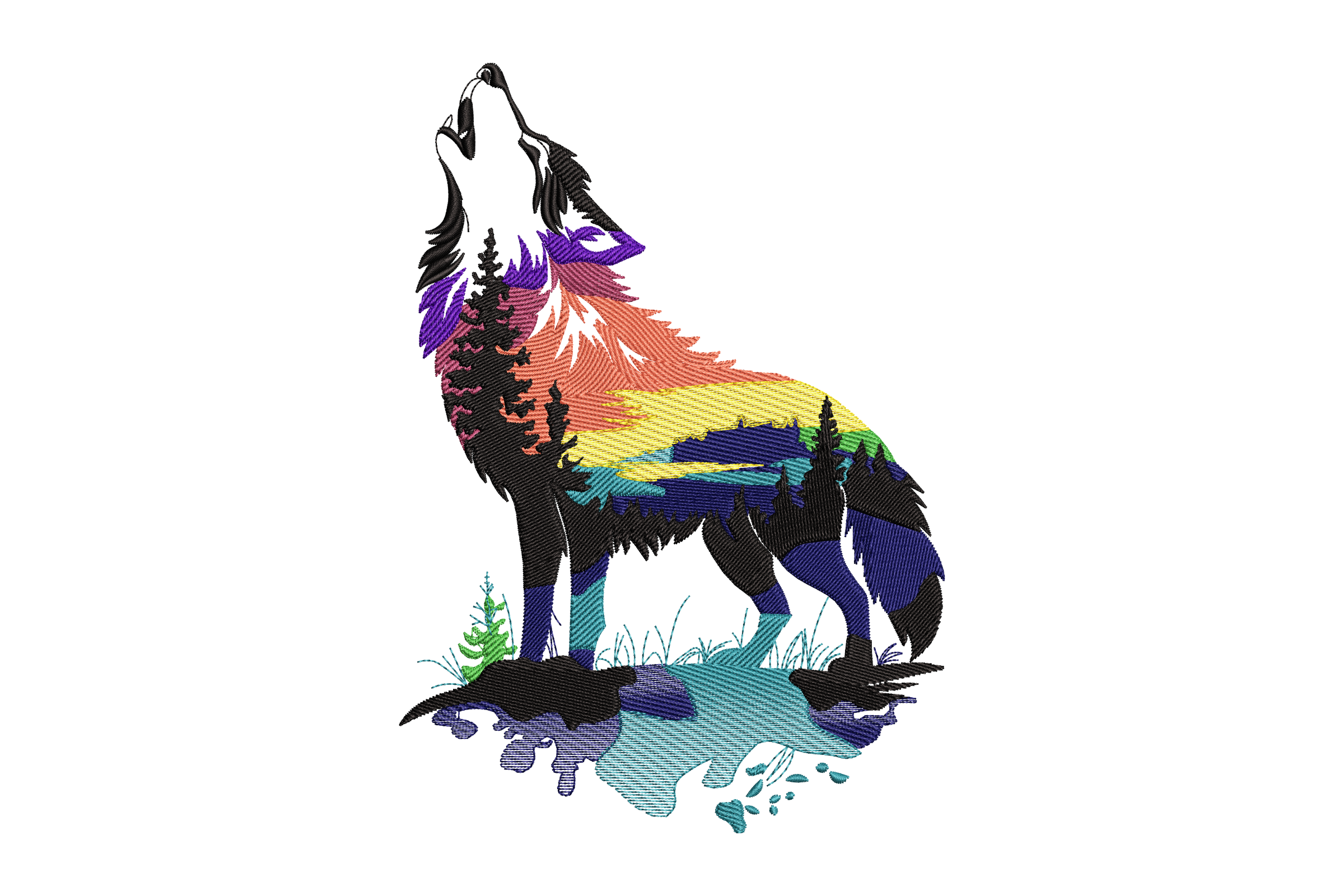 Rainbow Howling Wolf Embroidery Design