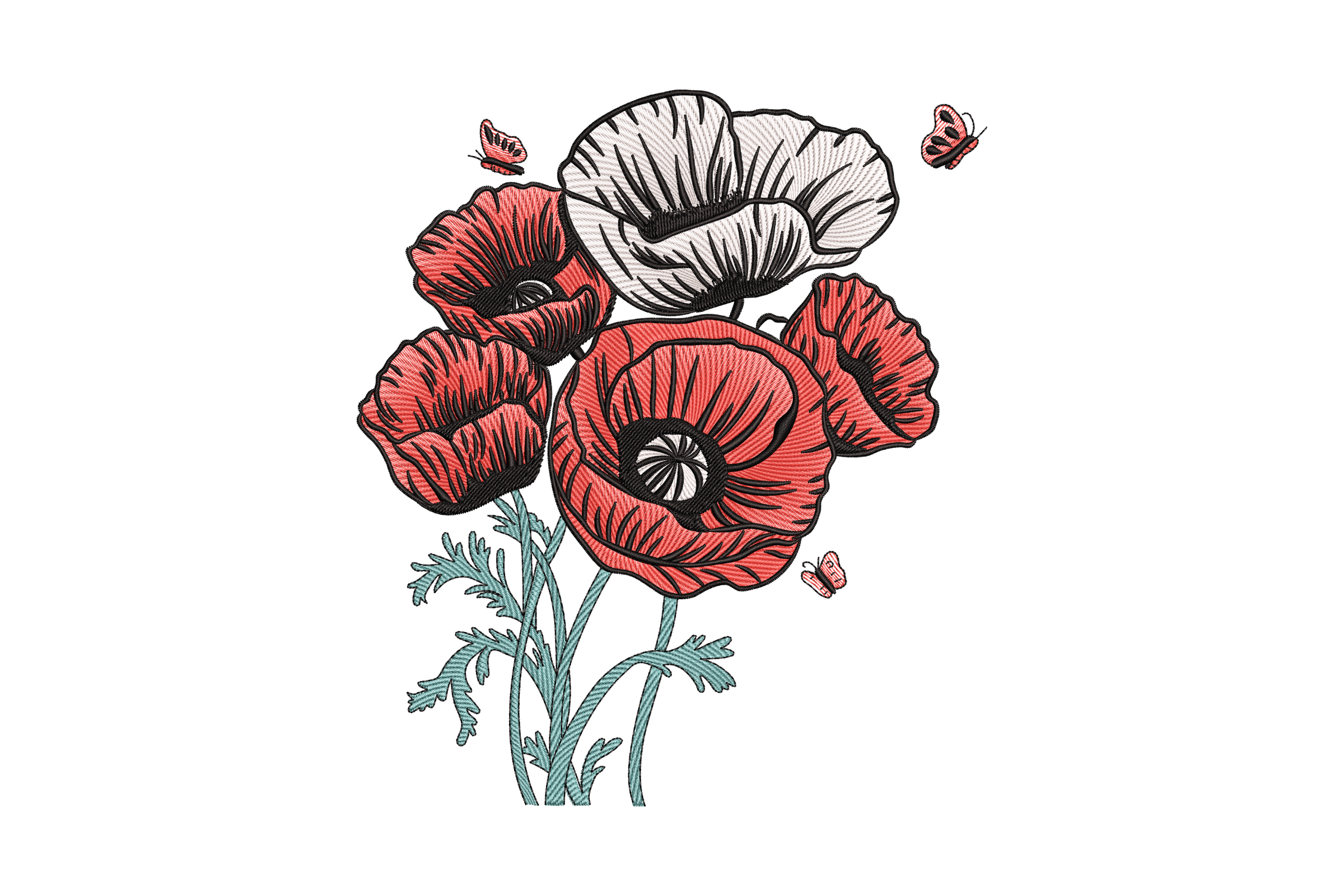Free Red and White Poppies with Butterflies Embroidery Design