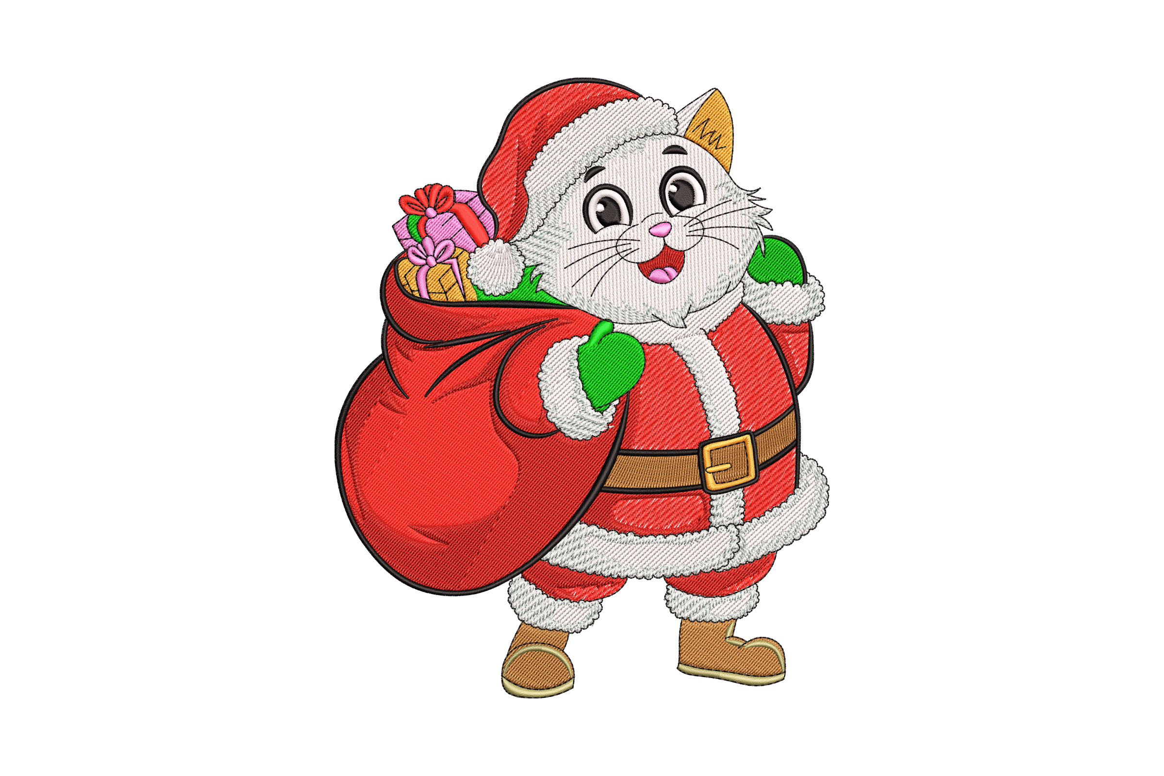 Free Santa Cat with Gift Sack Embroidery Design