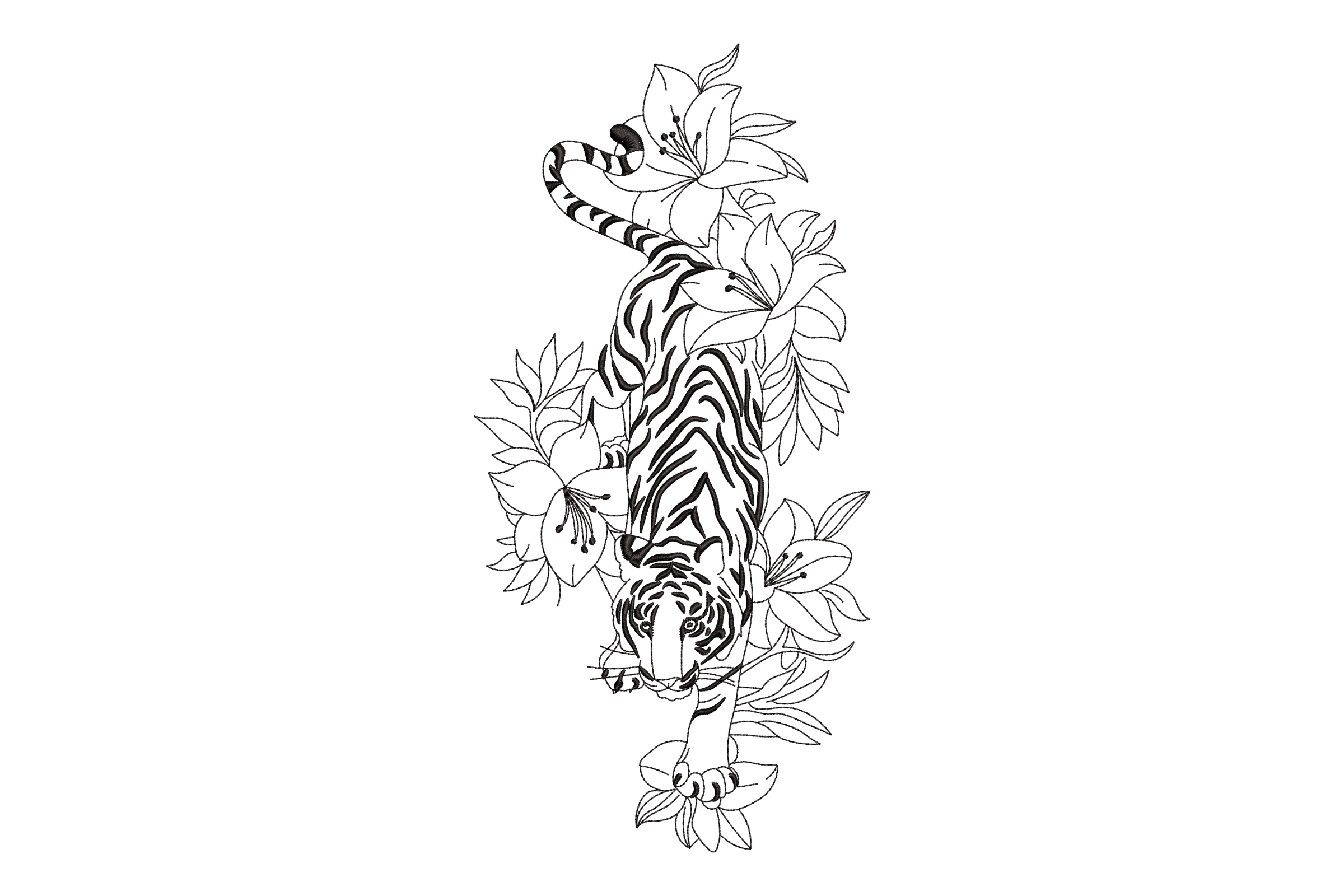 Free Elegant Tiger in Floral Jungle Embroidery Design Line Art