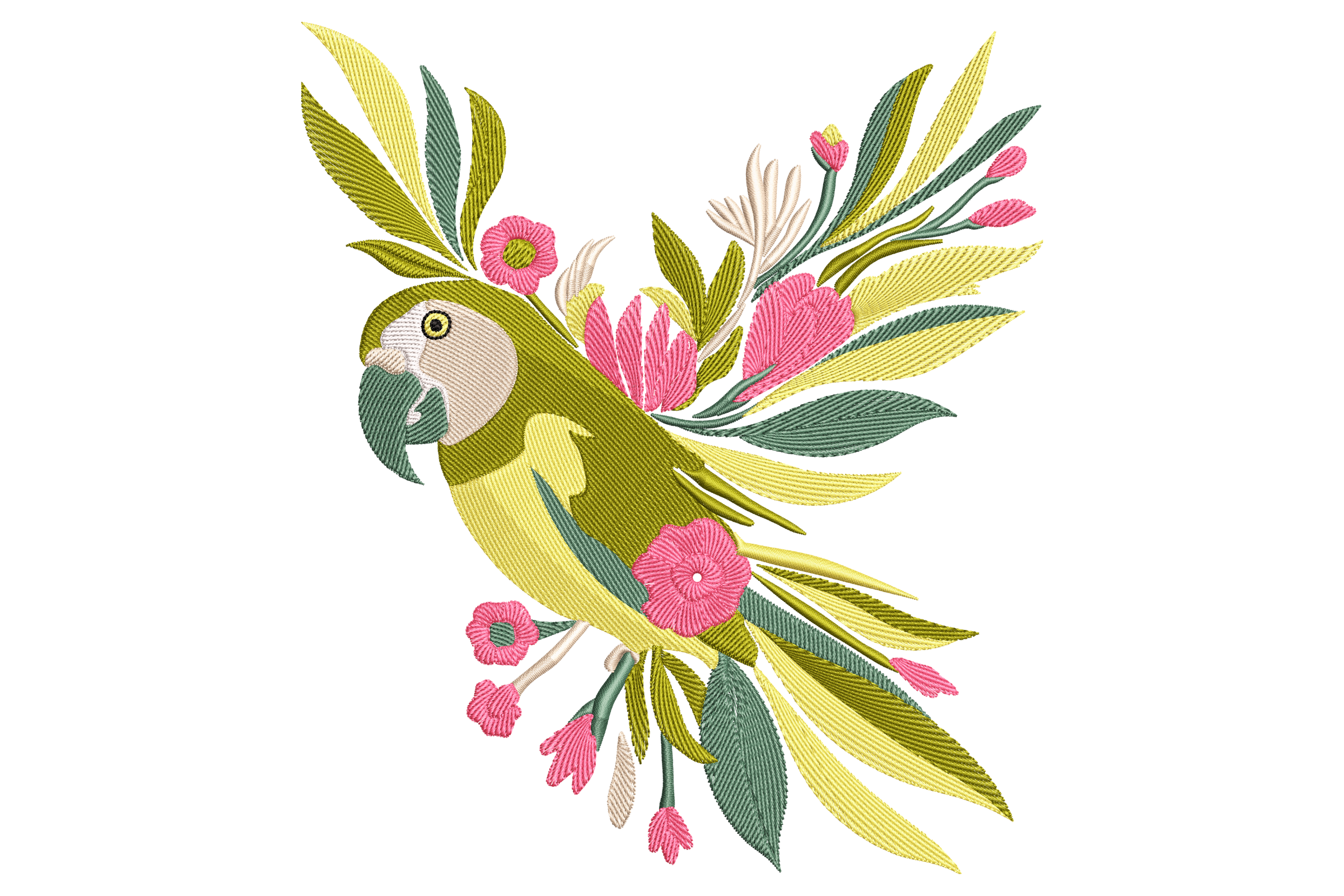 Floral Parrot Embroidery Design – Vibrant & Tropical