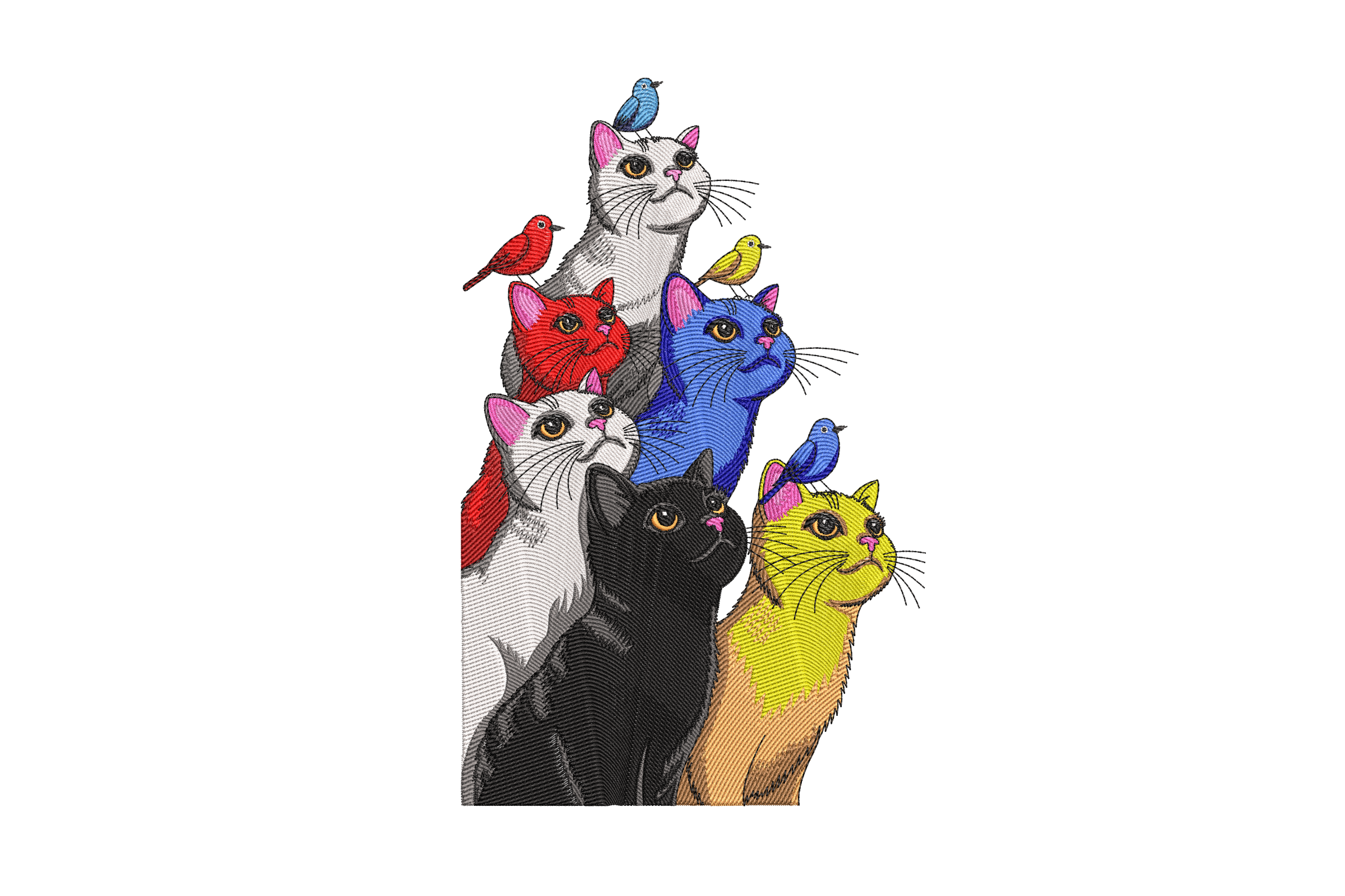 Colorful Cats with Birds Embroidery Design