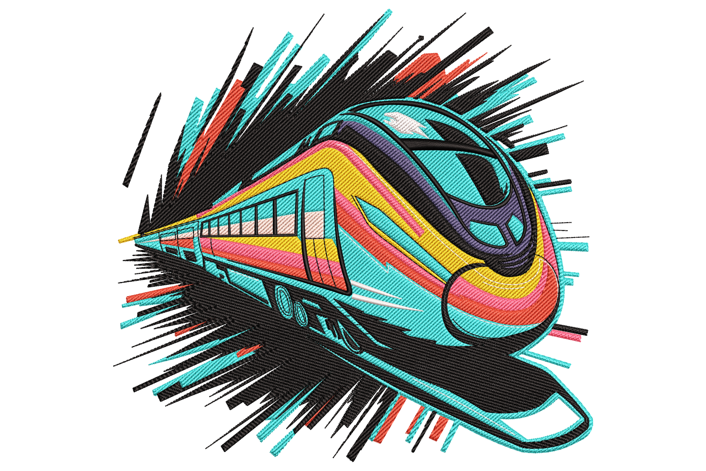 Colorful High-Speed Train Embroidery Design – Fast & Fun