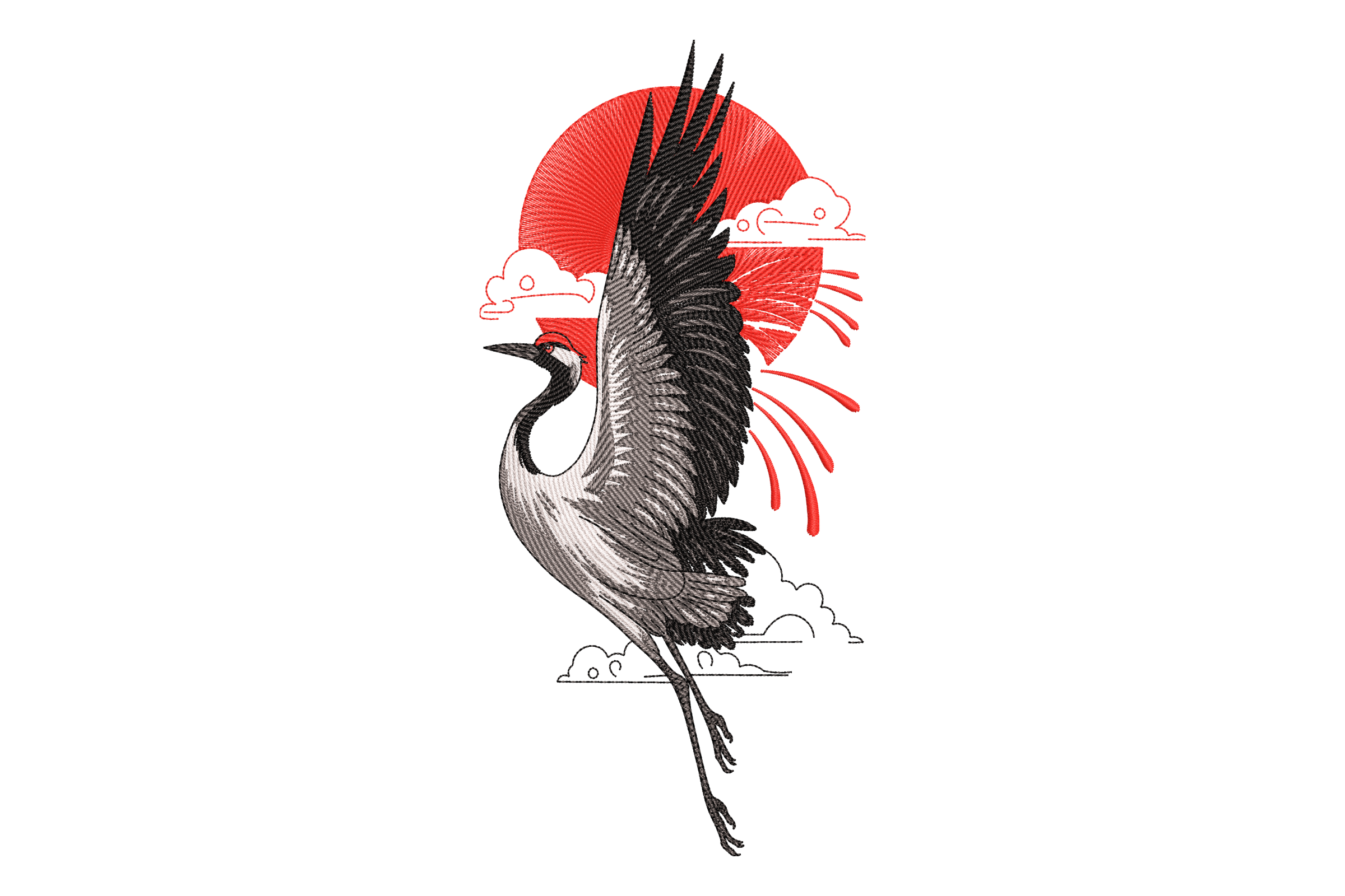Japanese Red-Crowned Crane Embroidery Design