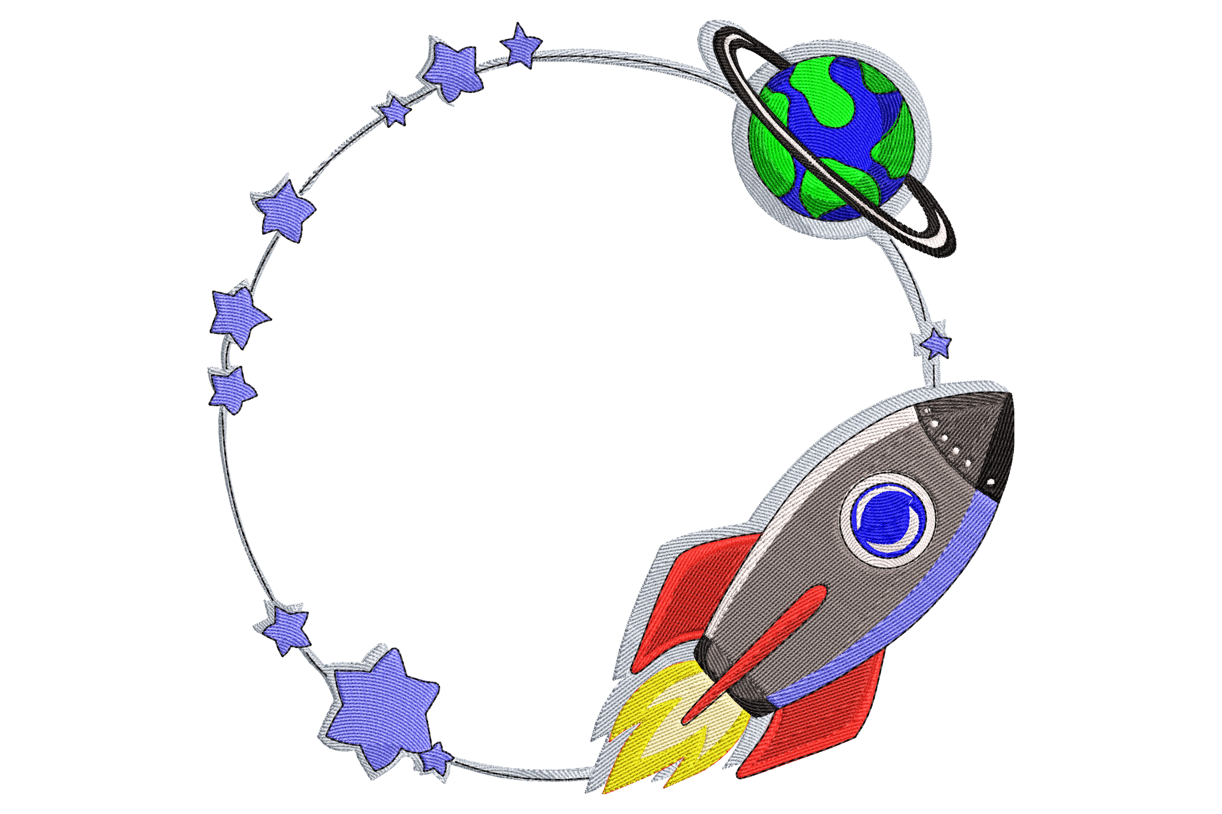 Rocket & Planet Embroidery Design – Fun & Cosmic