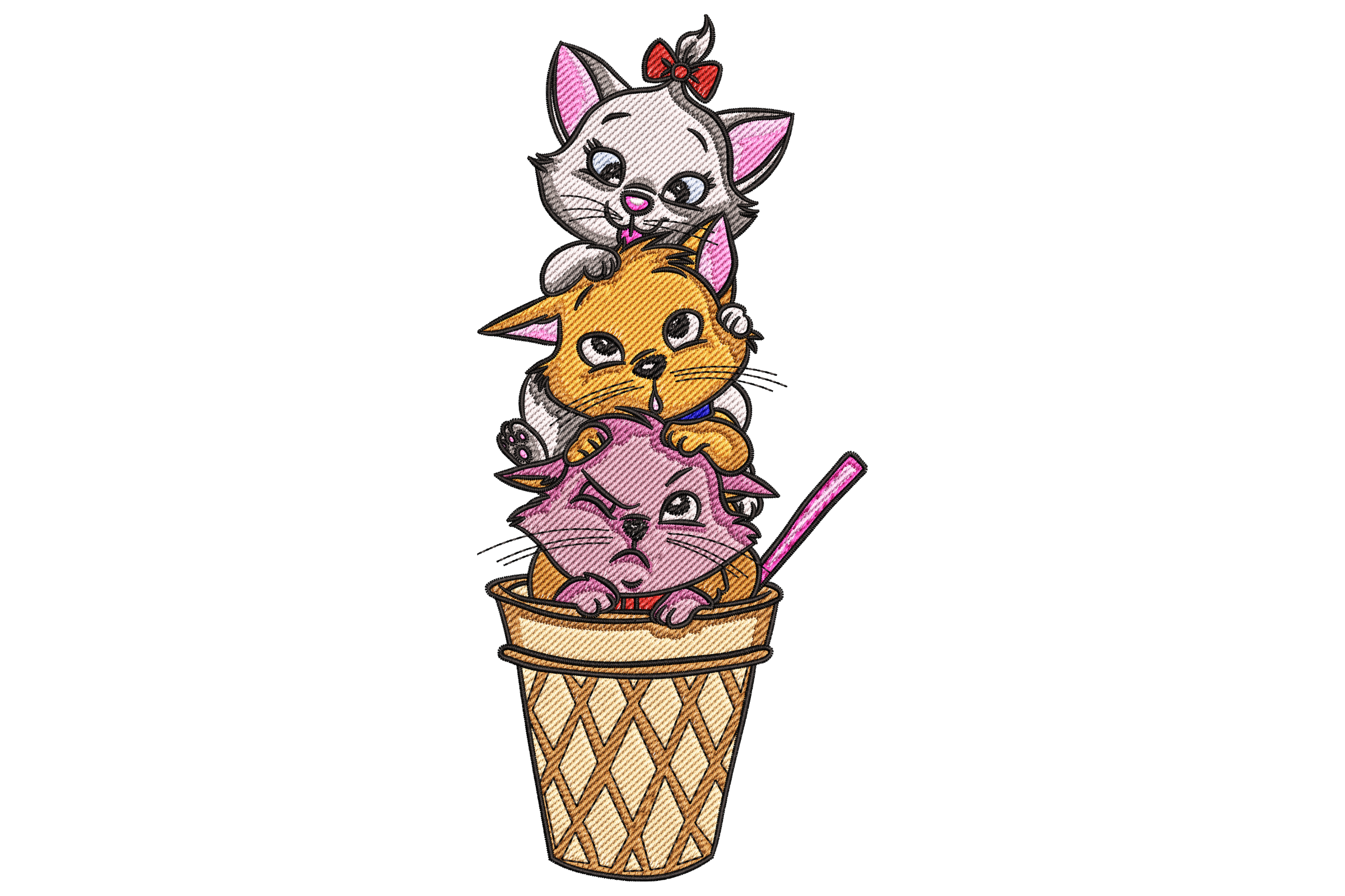 Stacked Kittens in Waffle Cone Embroidery Design