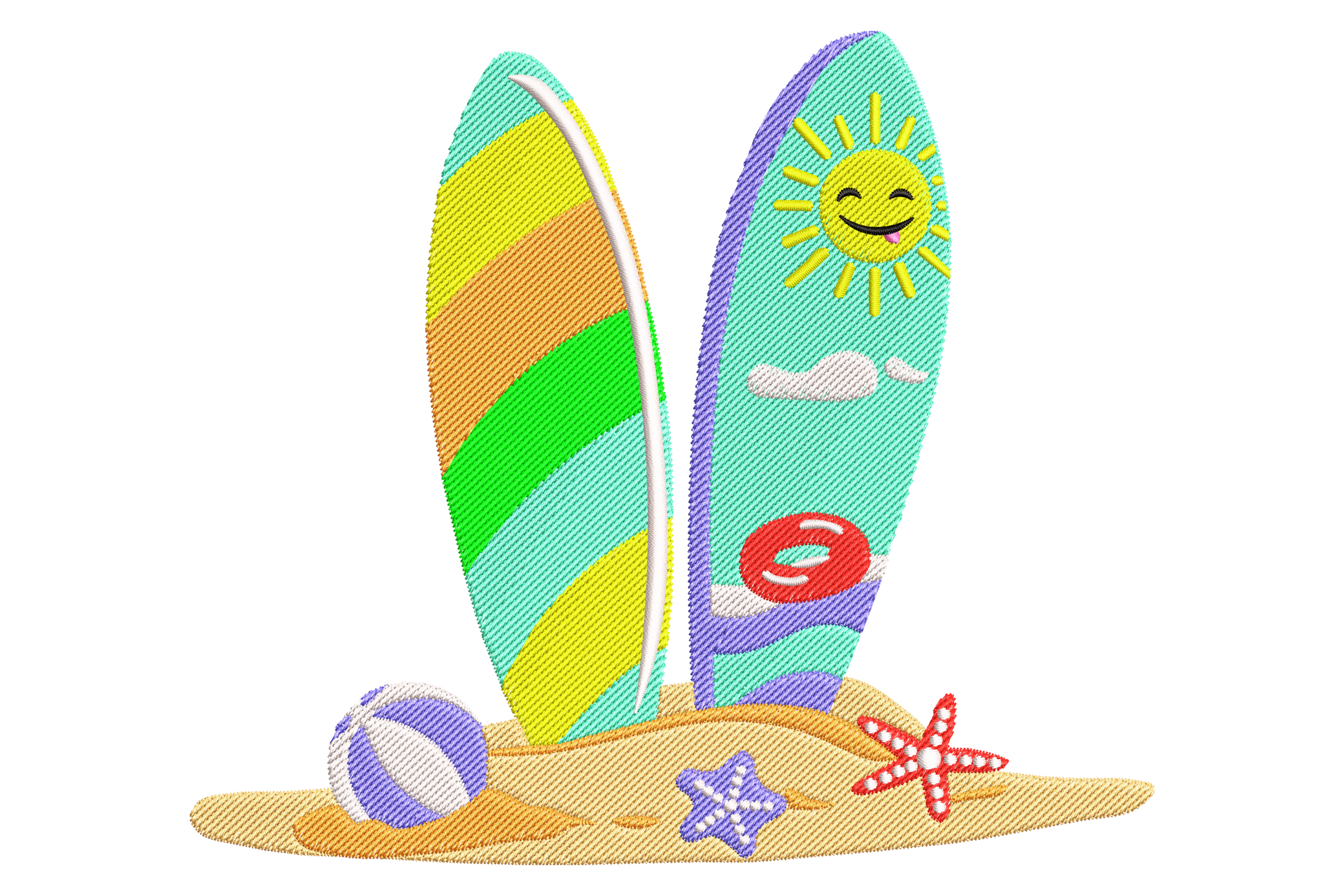 Surfboard Beach Scene Embroidery Design – Fun & Tropical