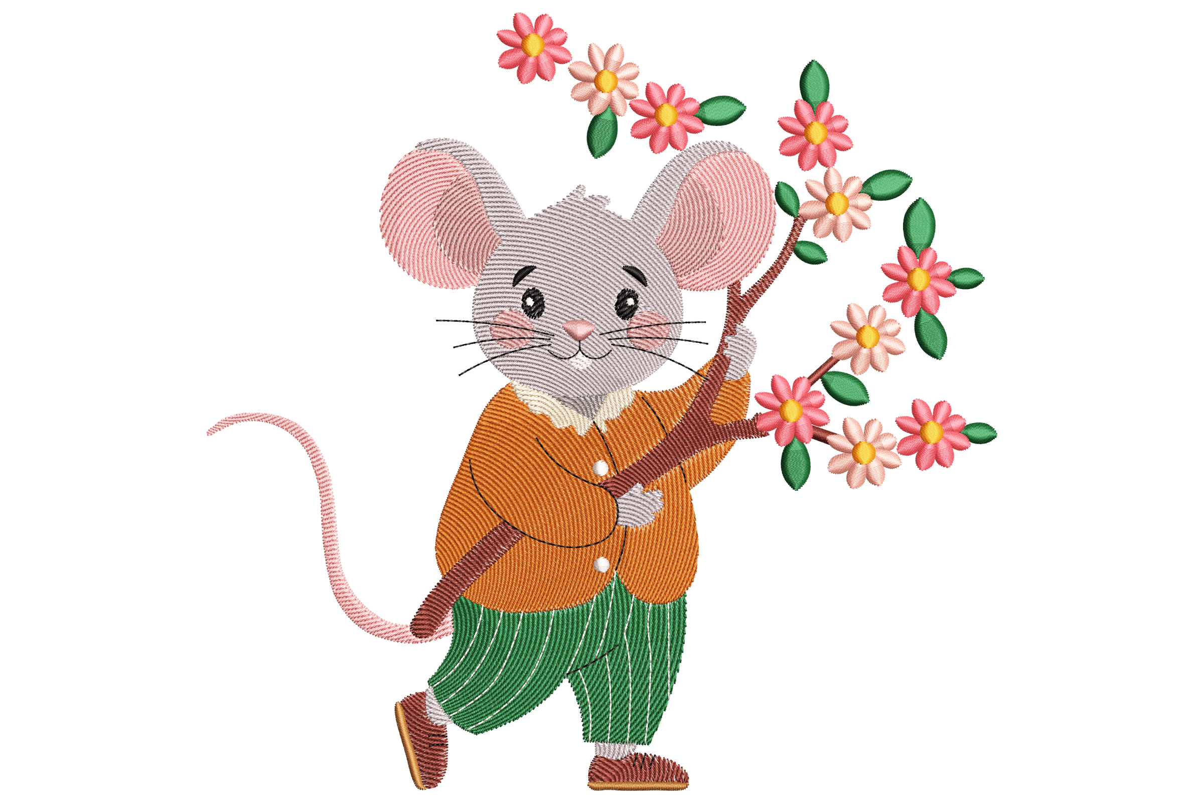 Free Charming Mouse with Flowers Embroidery Design