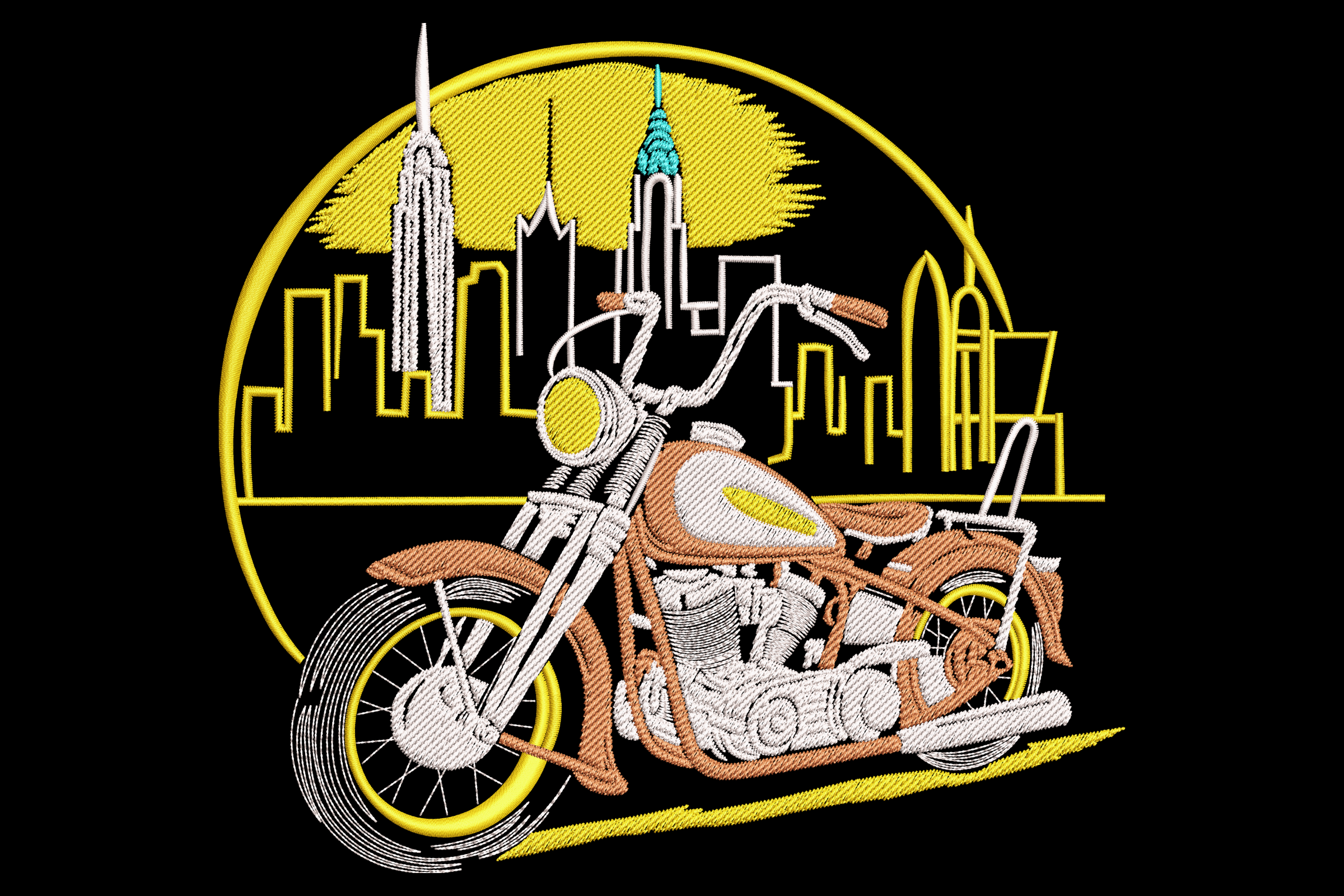 Motorcycle City Skyline Embroidery Design – Urban & Bold