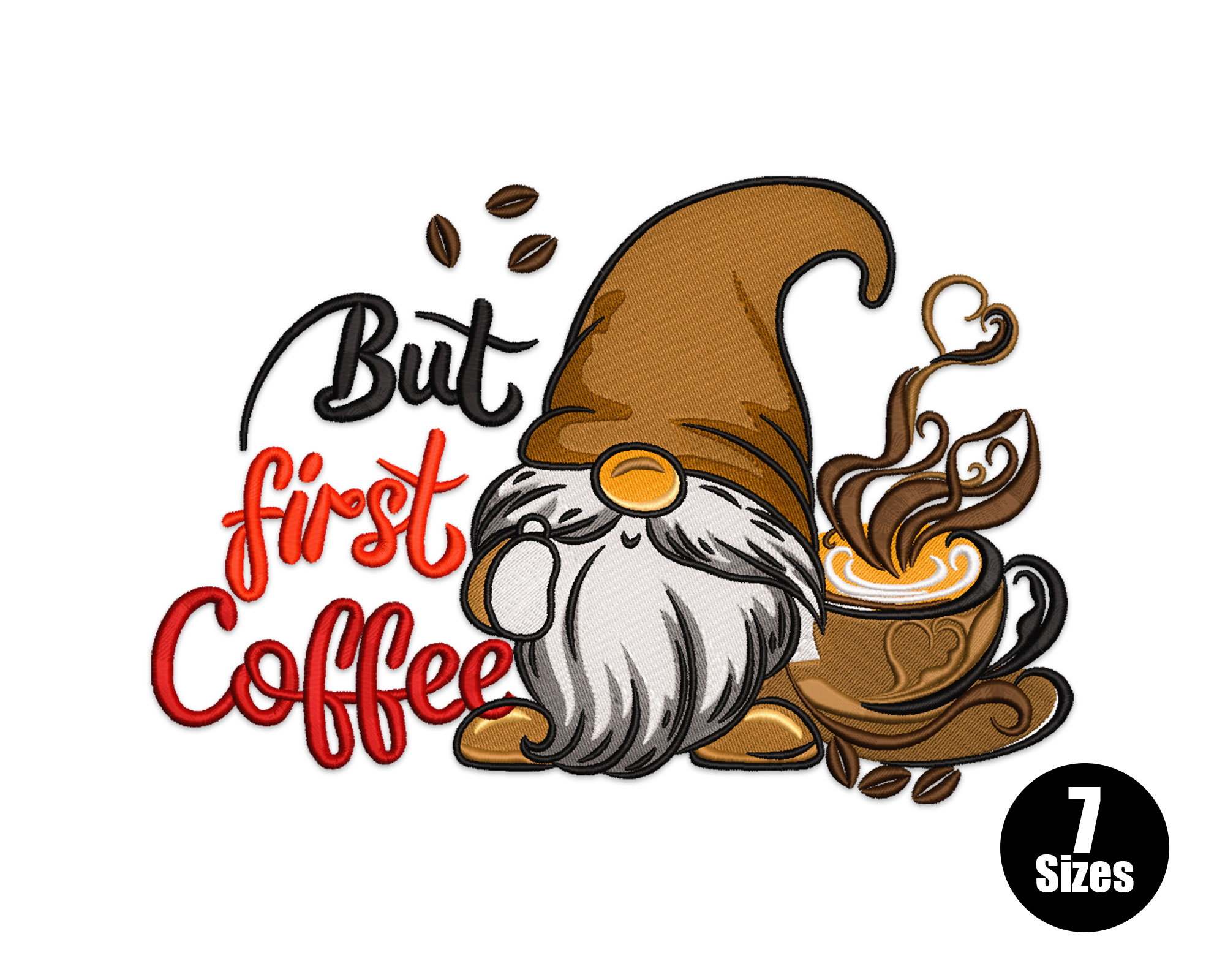 Free But First Coffee Gnome Embroidery Design