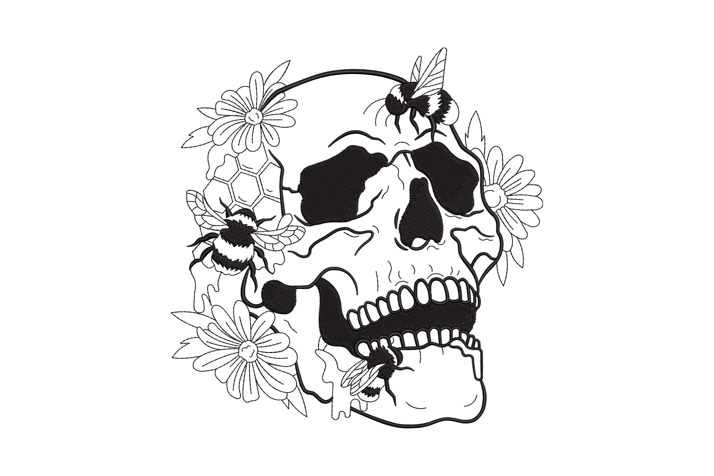 Skull with Bees and Flowers Embroidery Design